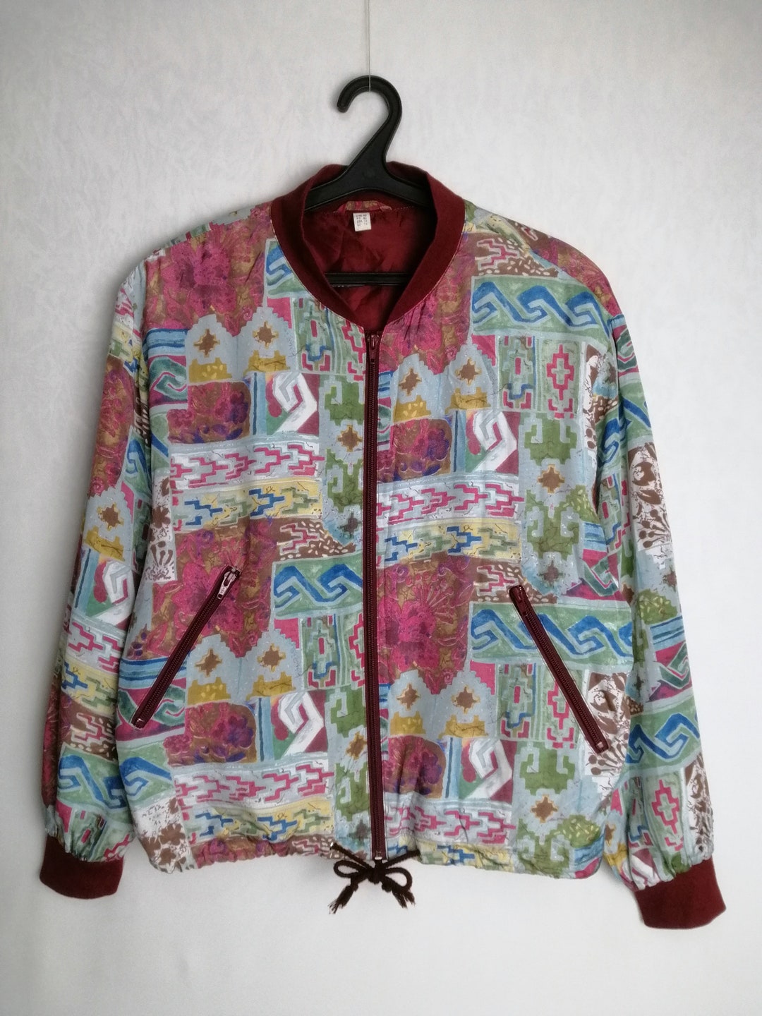 90s Colorful Bomber Jacket, Abstract Print Oversized Bomber ...