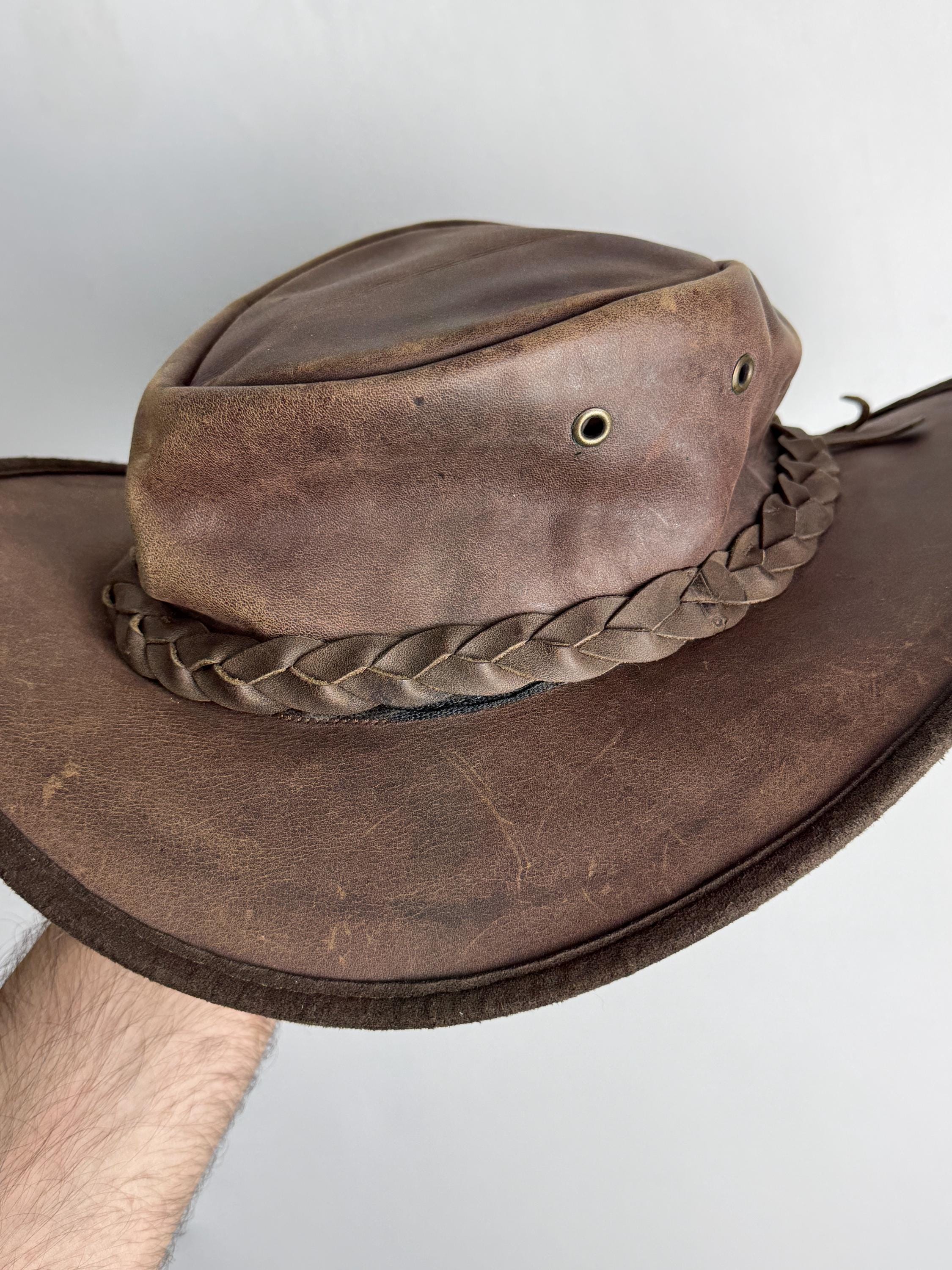 Vintage Leather Outback Hat, Western Cowboy Bush Hat, Braided Band ...