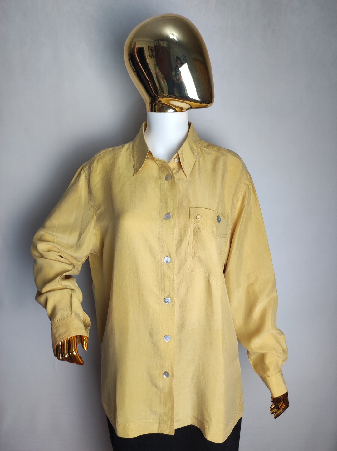 80s Yellow Silk Shirt, Oversized Silk Blouse, Long Sleeve Button Up ...