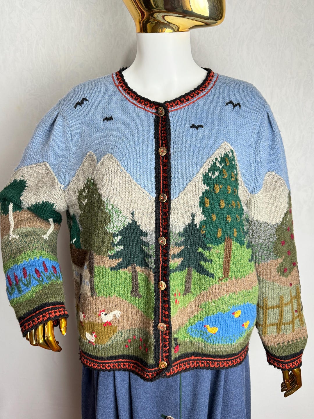 Austrian Farm Scene Wool Cardigan, Dirndl Puff Sleeve Knit Cardigan ...