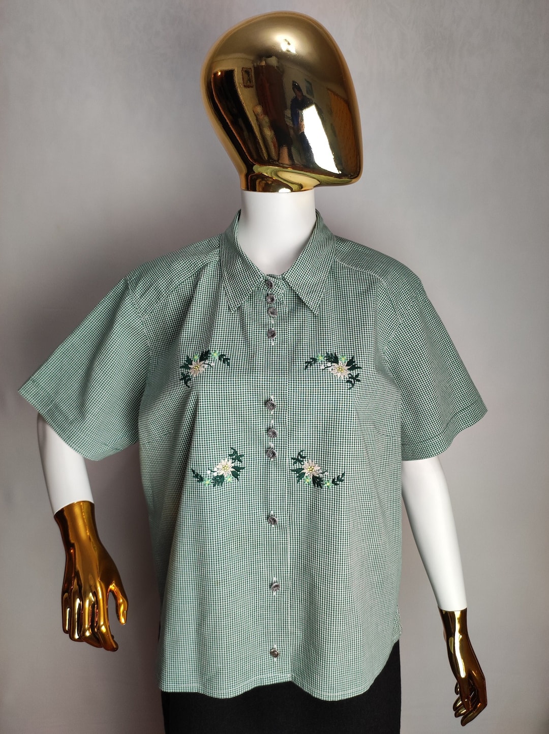 Austrian Trachten Shirt, Edelweiss Folk Blouse, Dirndl Cotton Button Up ...