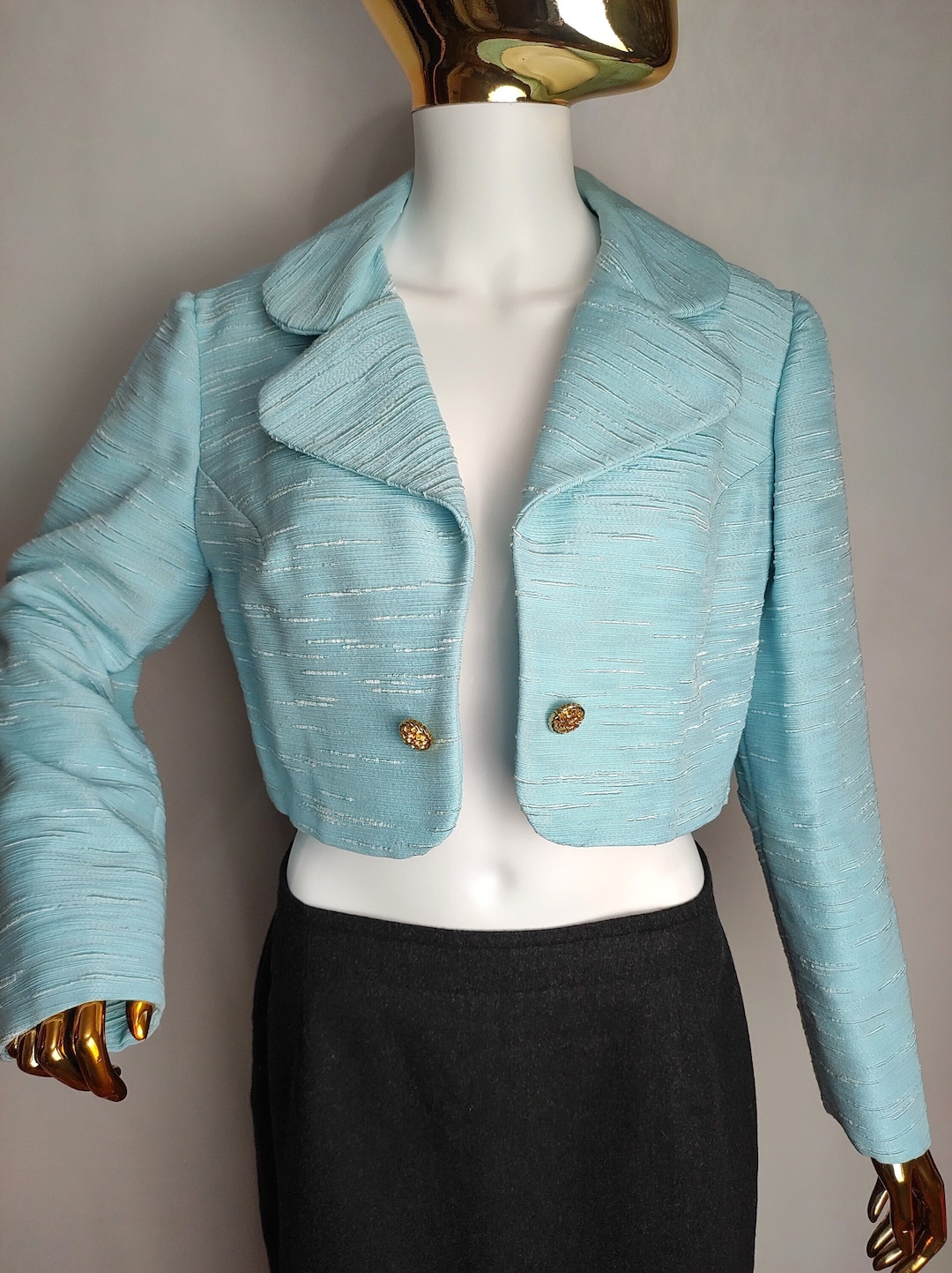 80s Cropped Jacket, Turquoise Open Front Blazer, Womens French Bolero ...