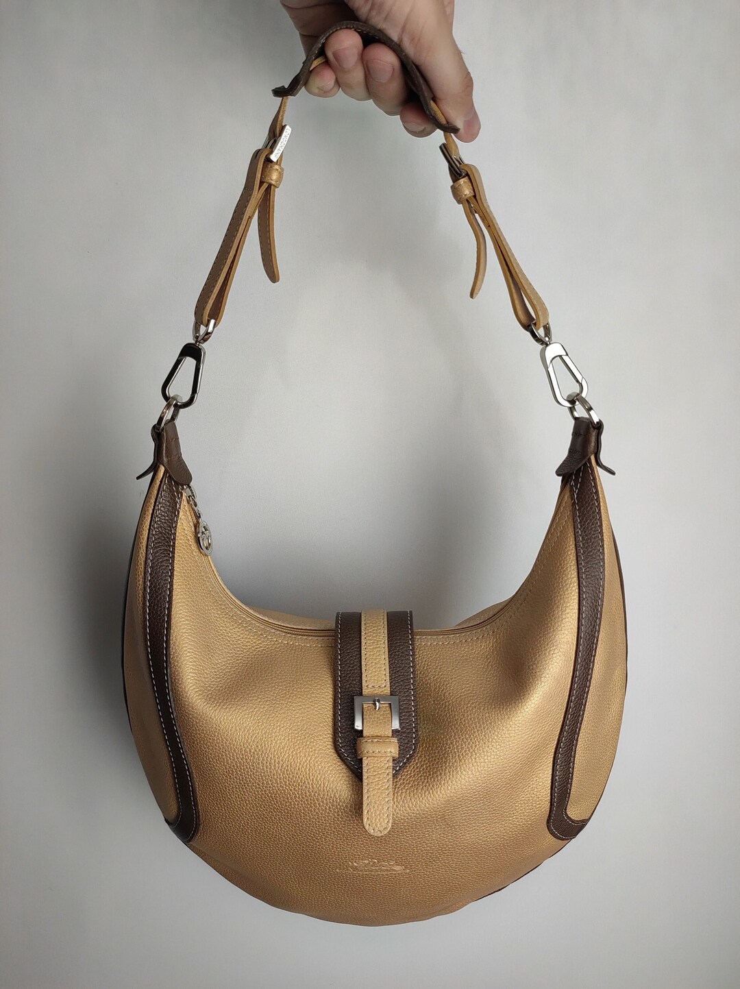 LONGCHAMP Leather Hobo Bag, 90s Authentic French Designer Handbag, Womens Beige Gold Purse ...