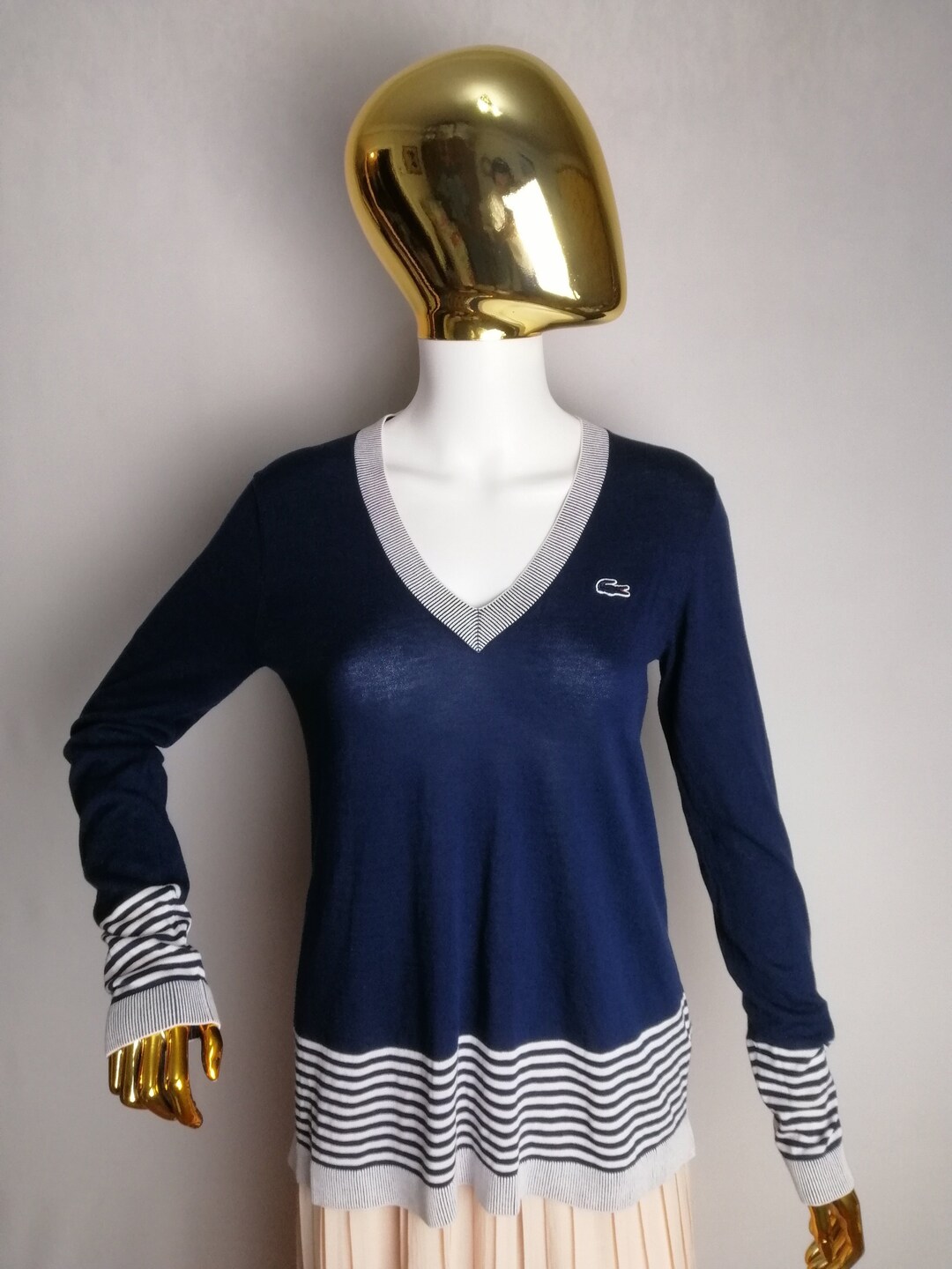 LACOSTE Cotton Sweater, Blue White Striped V-neck Jumper, Alligator ...