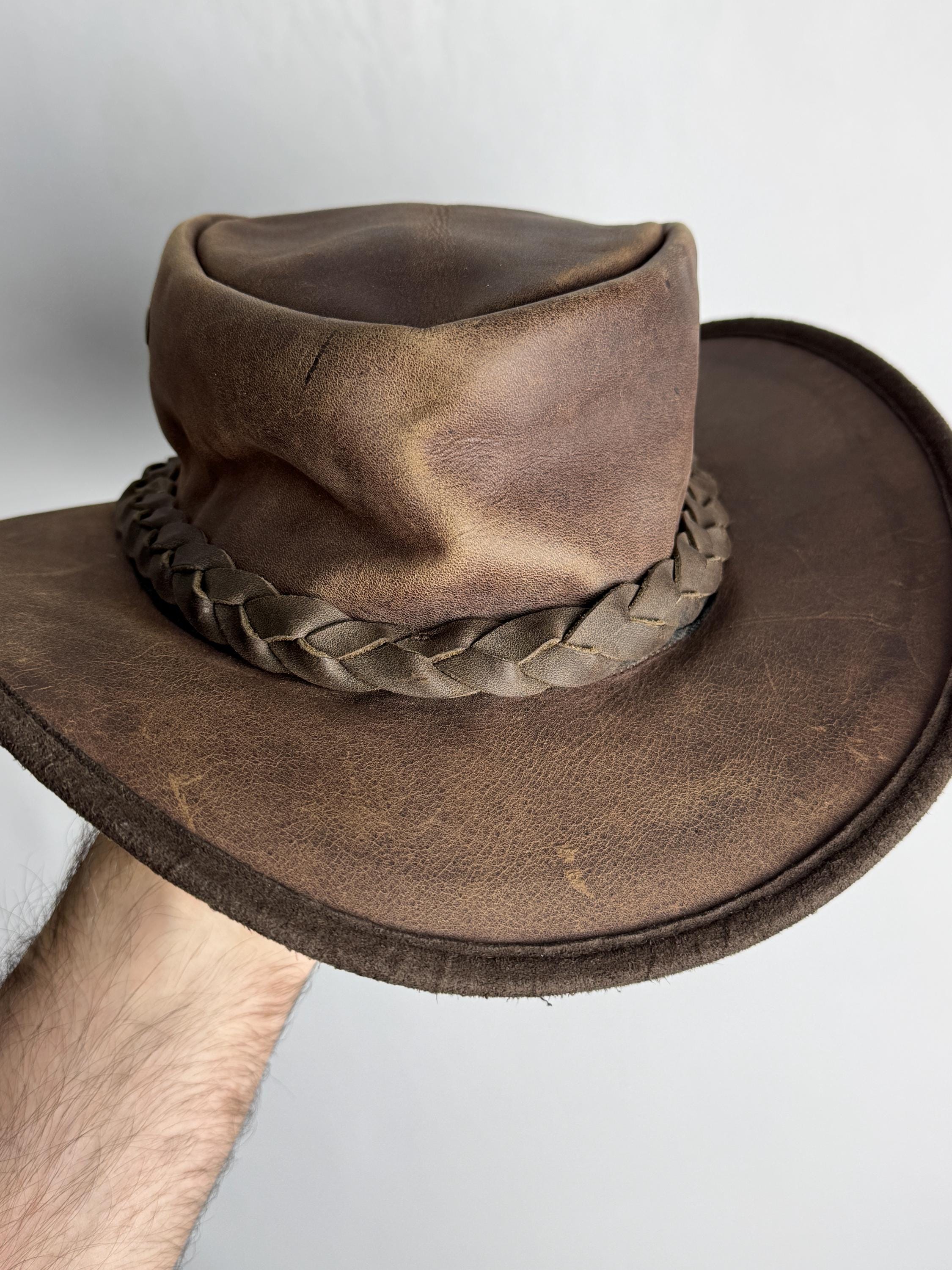 Vintage Leather Outback Hat, Western Cowboy Bush Hat, Braided Band ...