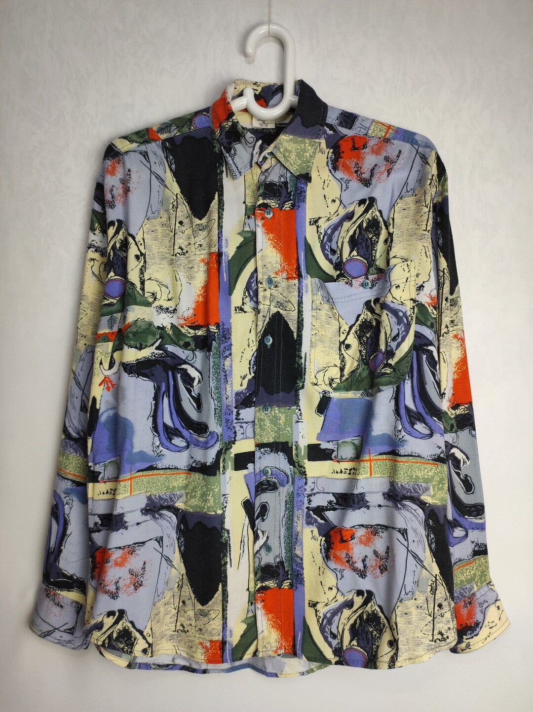 Mens Abstract Print Shirt, 80s Long Sleeve Viscose Shirt, Geometric ...