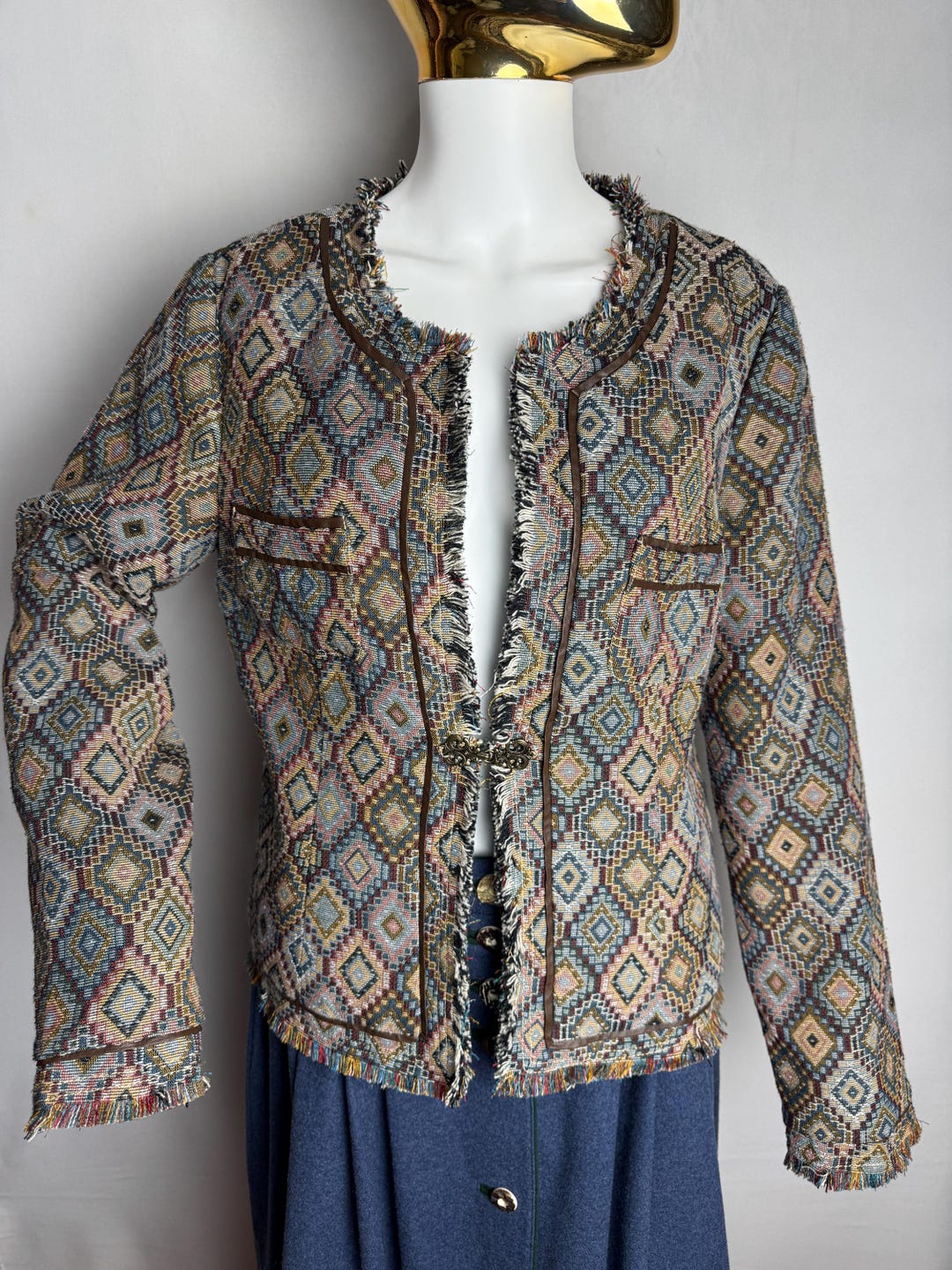 Tapestry Woven Jacket, Geometric Pattern Boho Blazer, Hook Eye Fringed ...