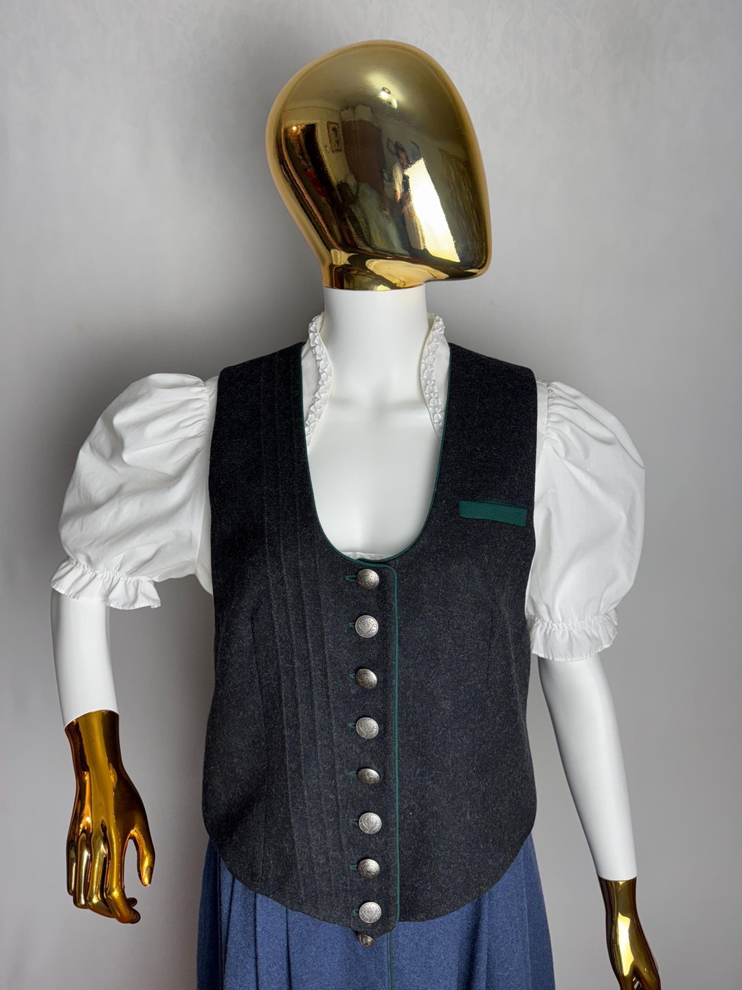 Austrian Loden Wool Vest, Dirndl Sleeveless Jacket, Oktoberfest Black ...