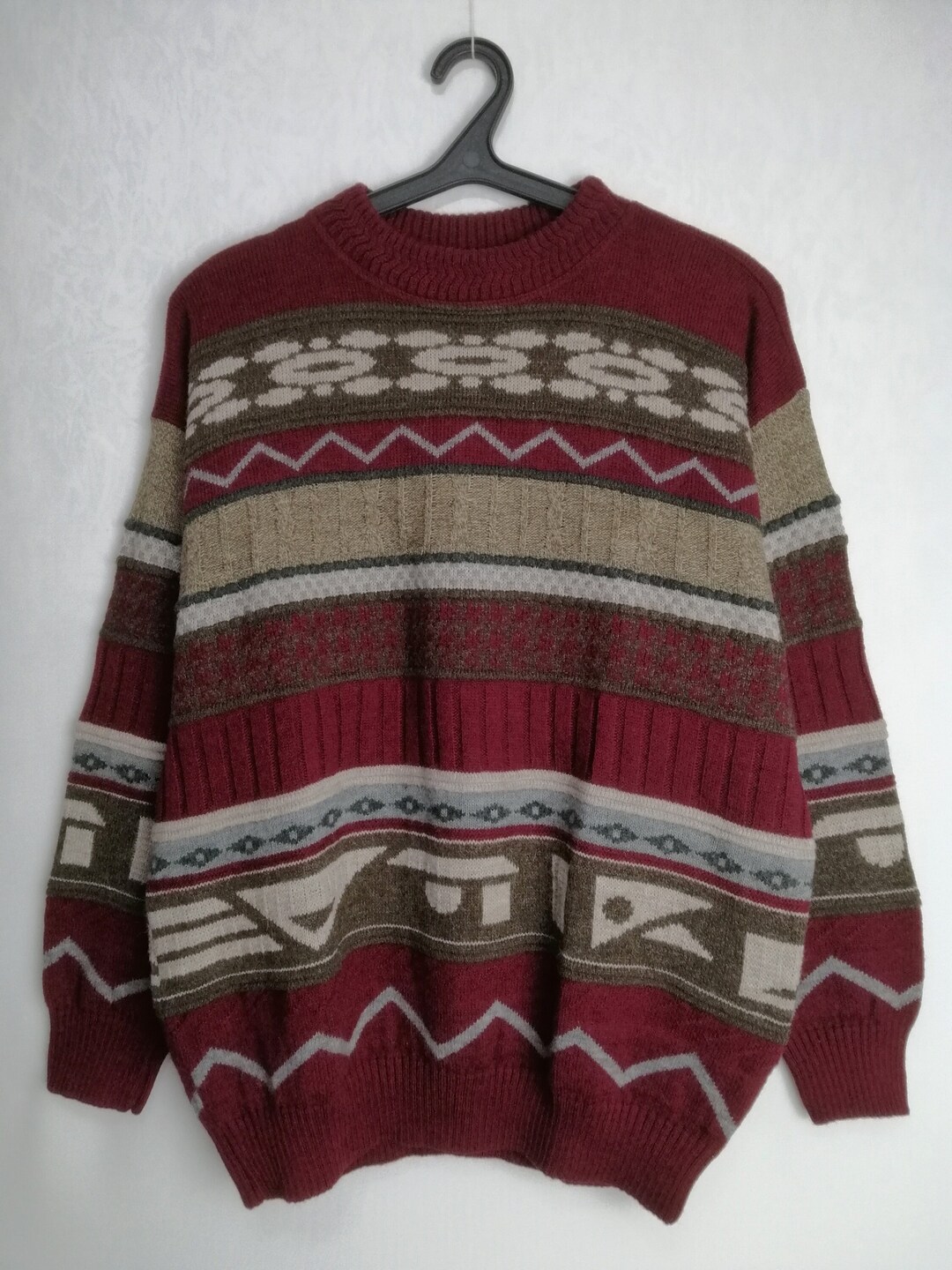 80s Merino Wool Sweater, Mens Geometric Patterned Pullover, Grandpa ...