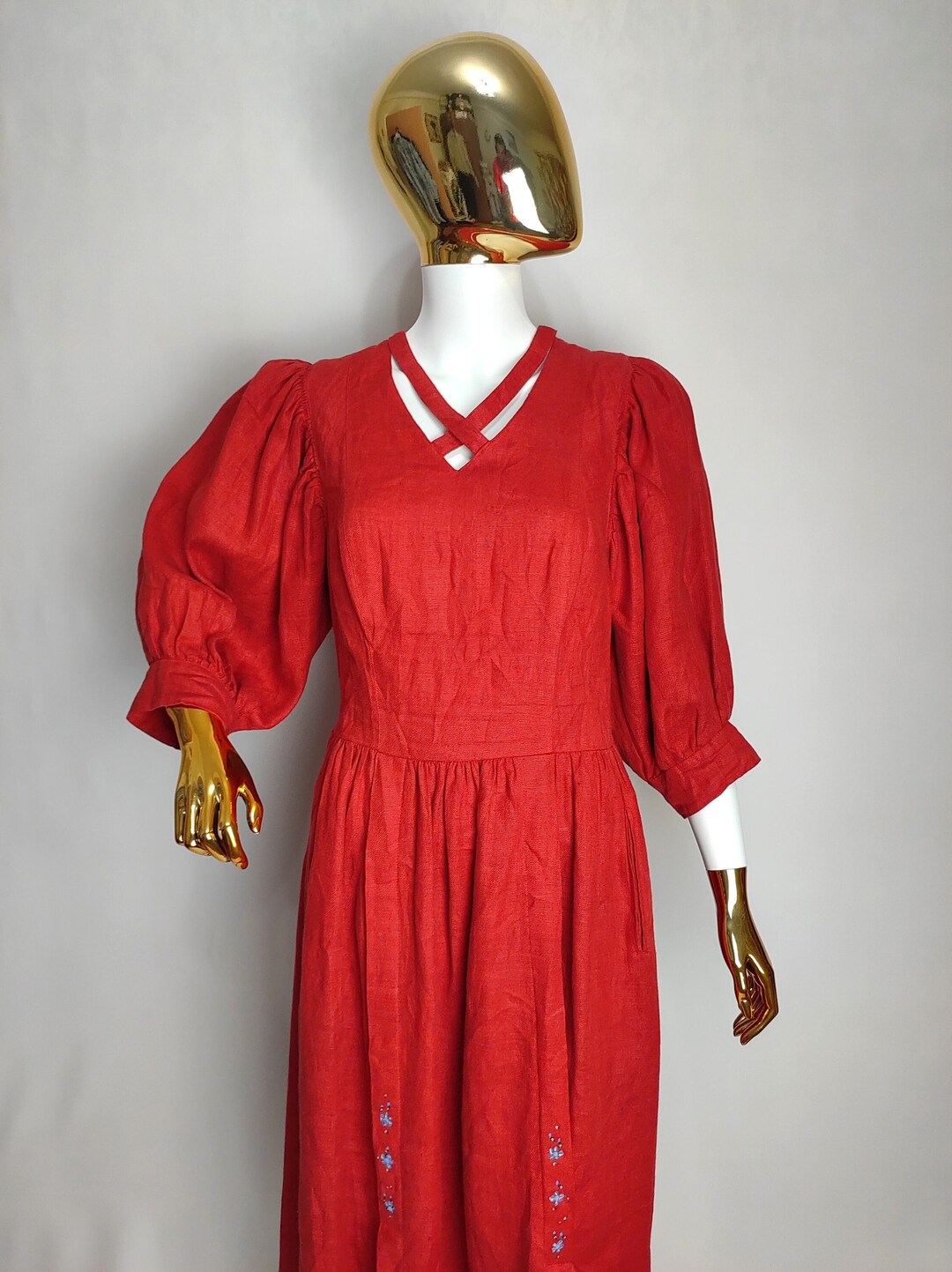 Puff Sleeve Pure Linen Dirndl, Red Trachten Dress, Traditional Austrian ...