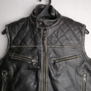 Mens Quilted Leather Vest, Motorcycle Sleeveless Jacket, Black Leather ...