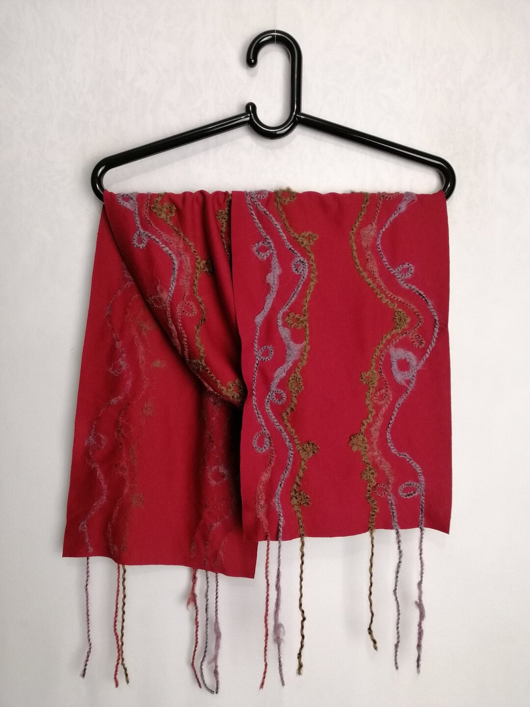 Bohemian Wool Blend Scarf, Burgundy Red Long Scarf, Unique Embroidered ...