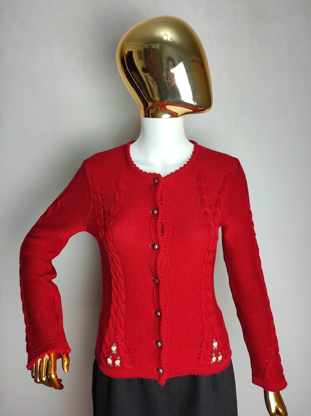 Austrian Wool Knit Cardigan, Red Dirndl Cardigan, Traditional Trachten ...
