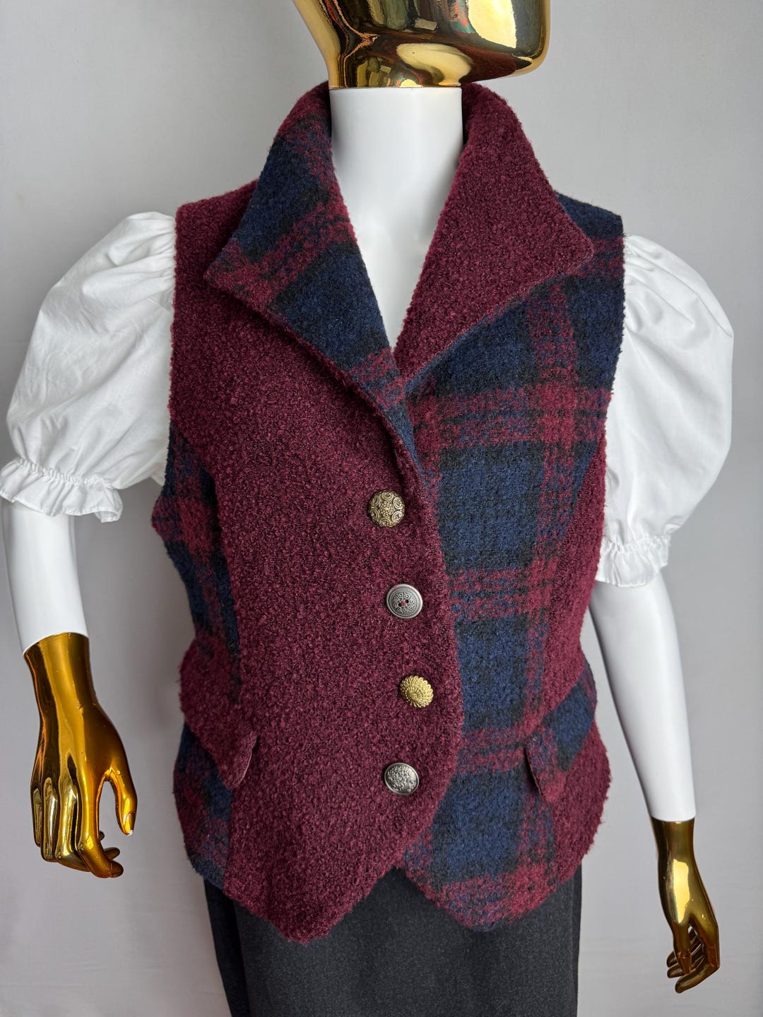 Vintage Boucle Wool Blend Vest, Womens Burgundy Navy Plaid Waistcoat ...