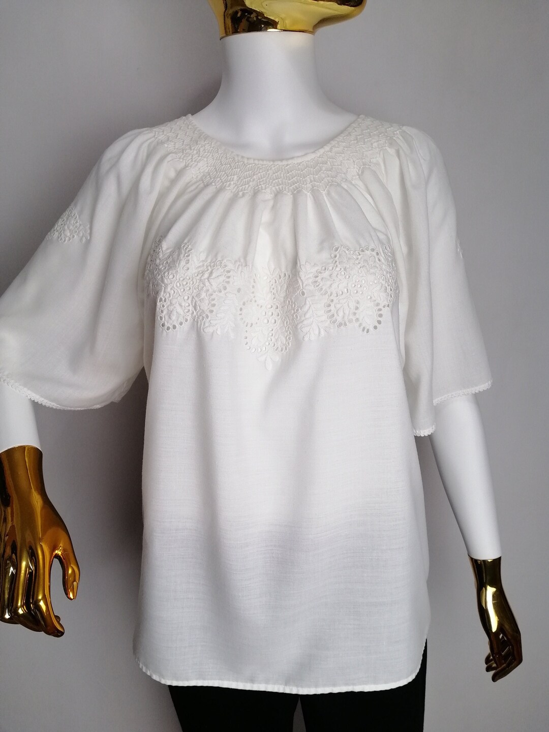 Cutwork Embroidery Blouse, 80s White Ethnic Blouse, Peasant Boho Summer ...