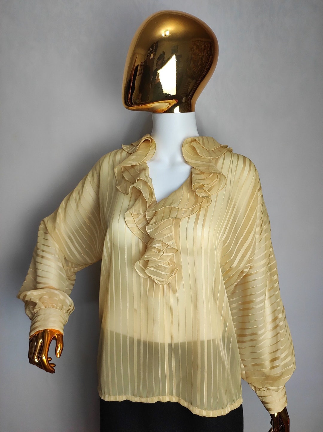 80s Ruffle Collar Blouse, Long Sleeve Secretary Blouse, Yellow Striped ...