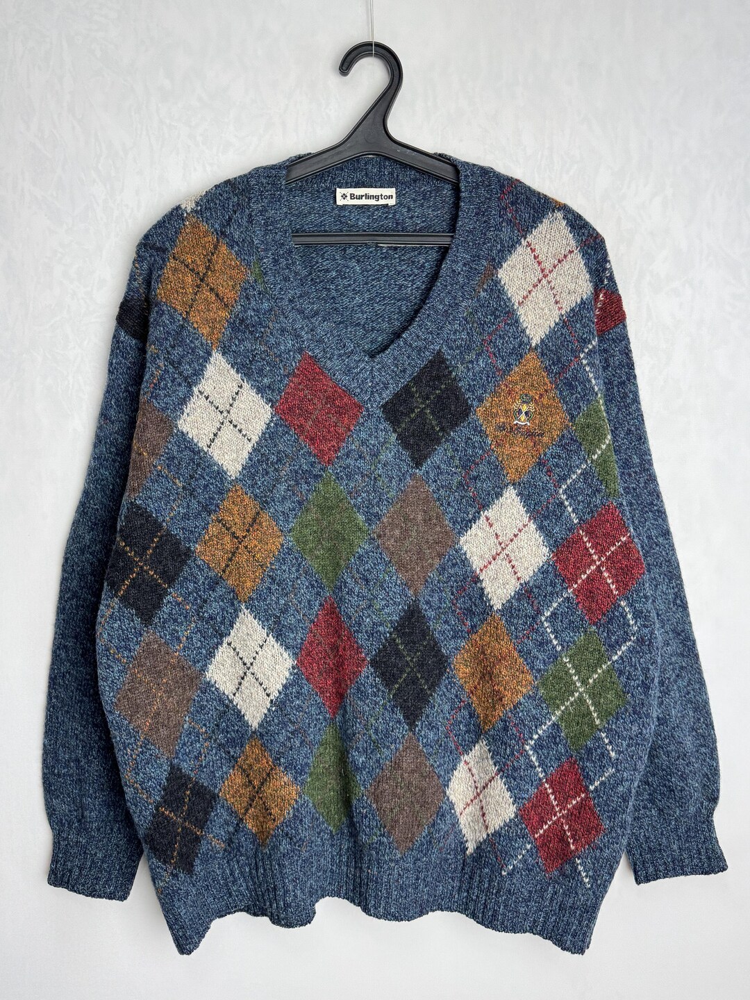 BURLINGTON Mens Argyle Wool Sweater, Multicolor Diamond Knit Jumper ...