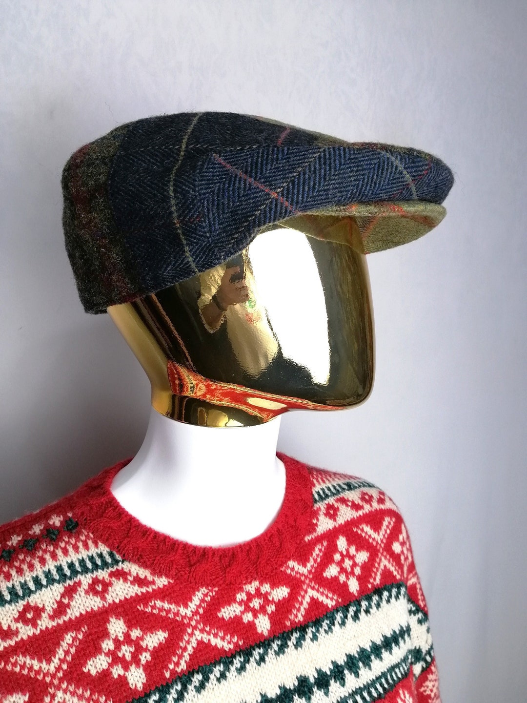 Tweed Flat Cap, Wool Newsboy Hat, Patchwork Wool Cap, British Paddy Cap ...