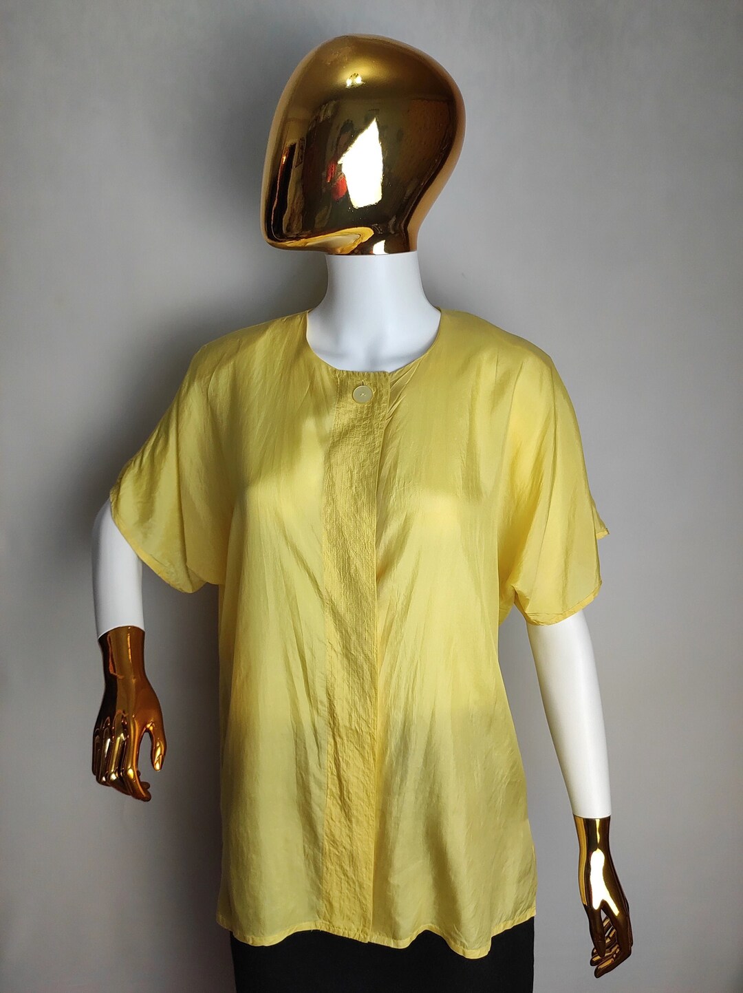 80s Yellow Silk Blouse, Oversized Vintage Silk Shirt, Short Sleeve Pure ...