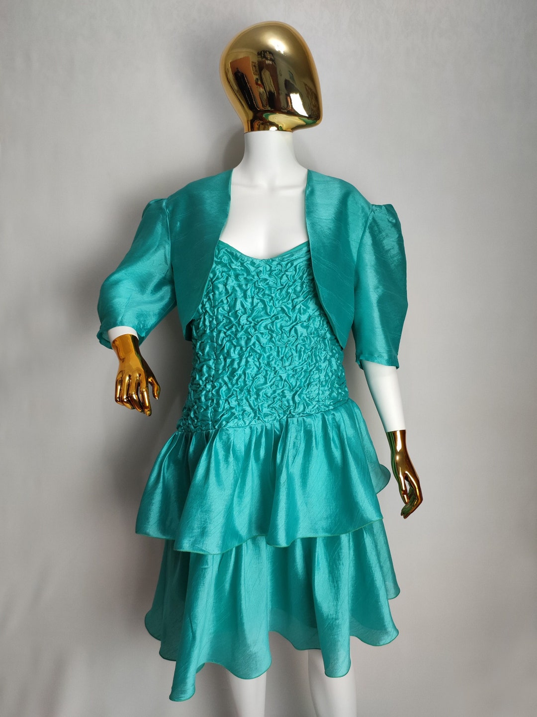 60s ERHEL PARIS Cocktail Dress, Gorgeous Turquoise Flared Ruffle Dress ...