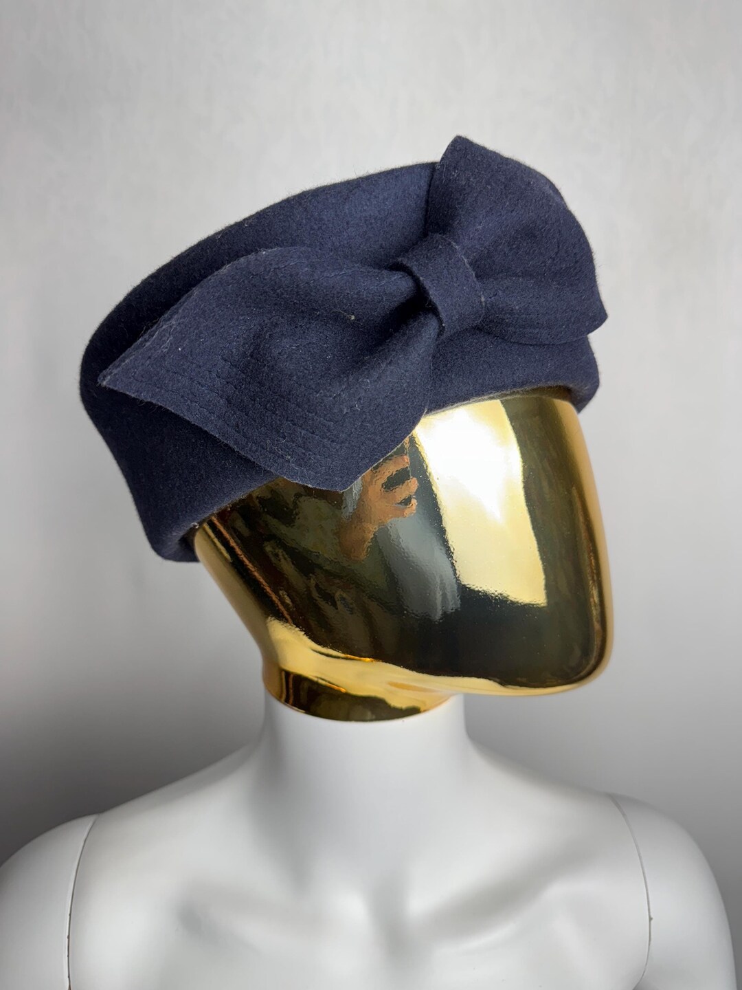 60s Style Pillbox Hat, Whiteley Felt Bow Hat, Elegant Navy Blue Pill ...