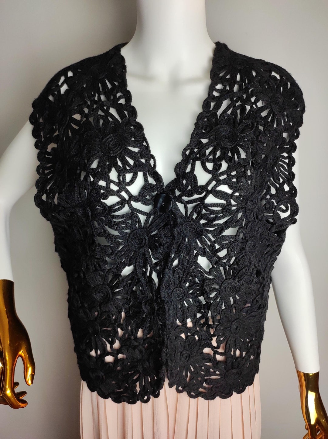 GABRIELLA BENELLI Crochet Vest, 80s Floral Knit Vest, Black Crochet ...