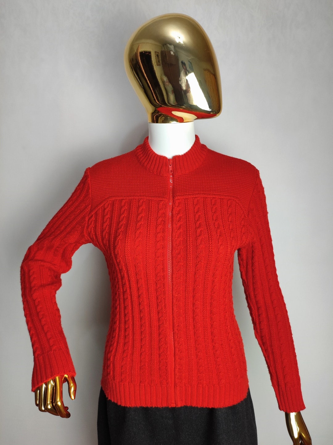 Austrian Wool Sweater, Red Cable Knit Sweater, Alpen Full Zip up ...