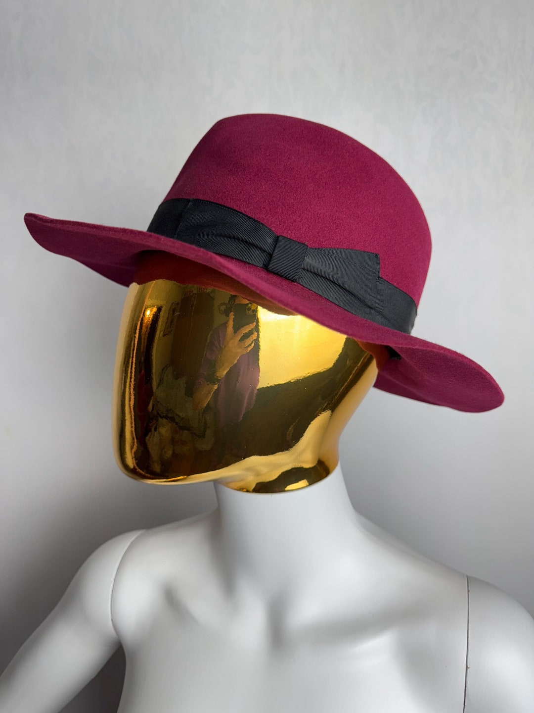 80s Unisex Wool Hat, Burgundy Red Fedora Hat, Wide Brim Felt Hat ...
