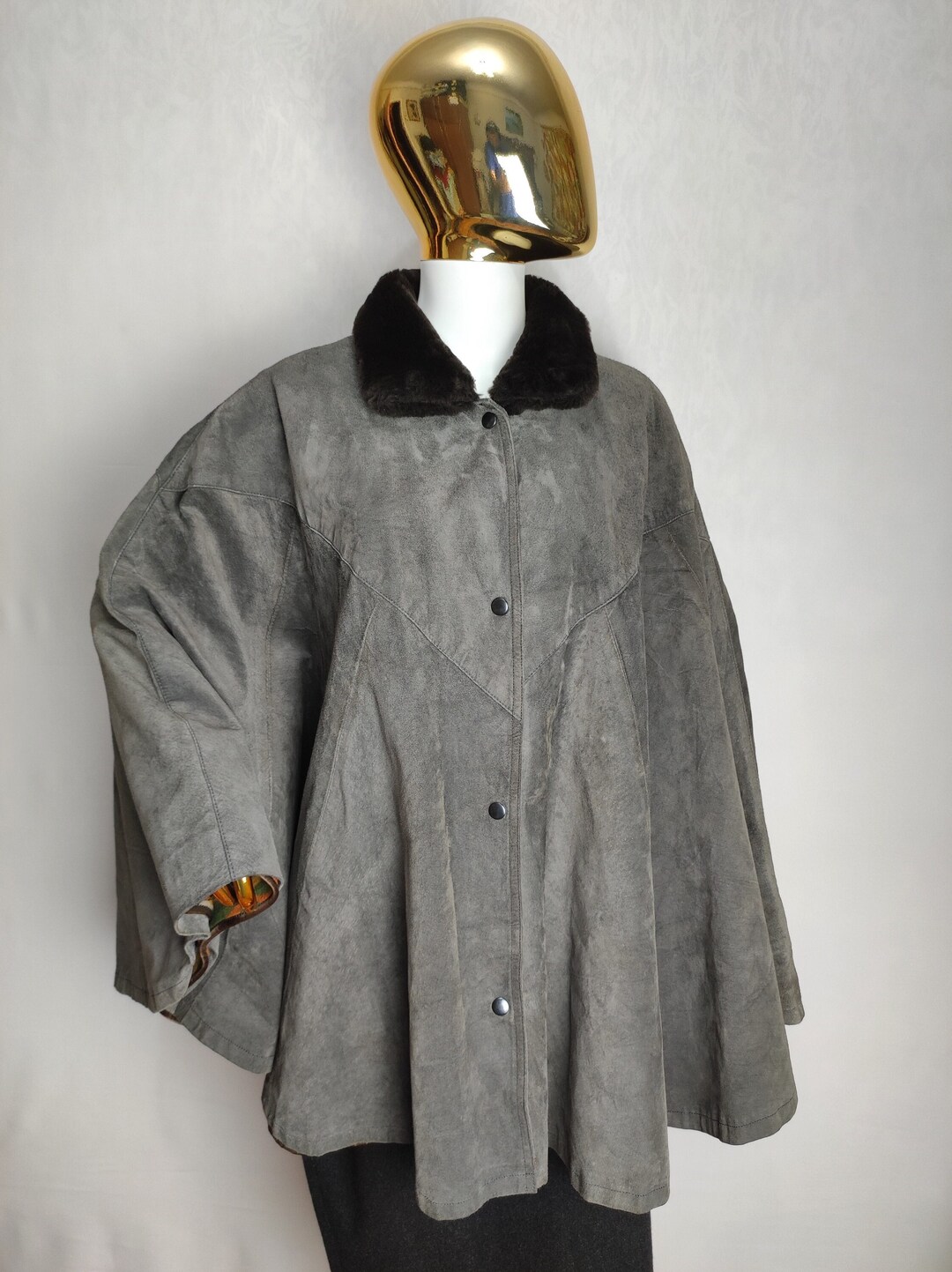 Genuine Leather Cape Coat, 90s Womens Suede Jacket, Oversized Gray ...