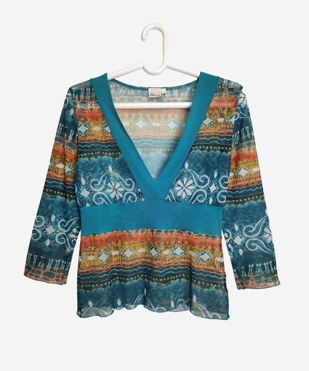 90s Mesh Top, Tribal Print Blouse, Y2K Sheer Top, Multicolor Long ...
