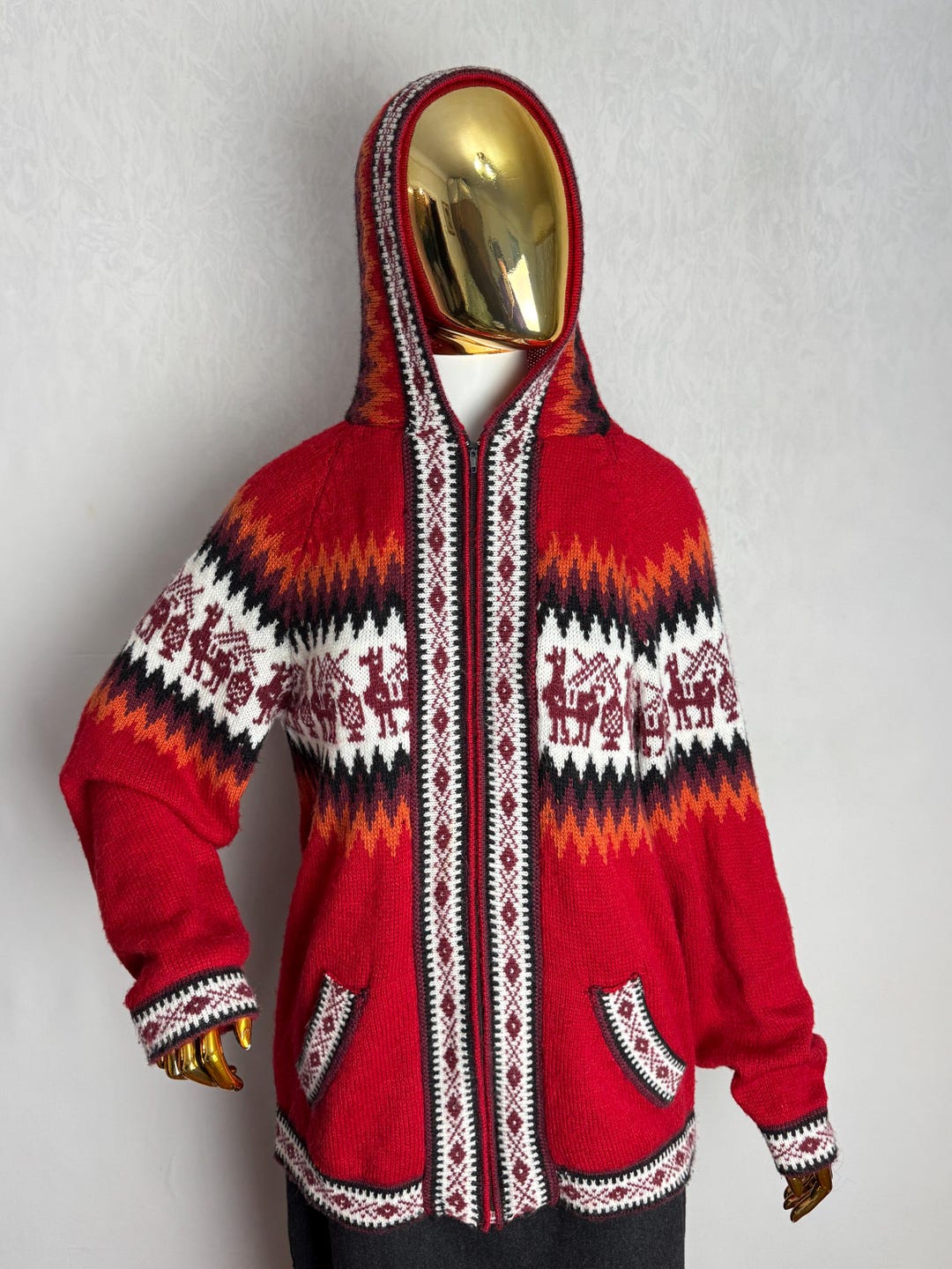 Peruvian Alpaca Zip Hoodie, Ethnic Boho Hooded Sweater, Cusco Alpaca ...