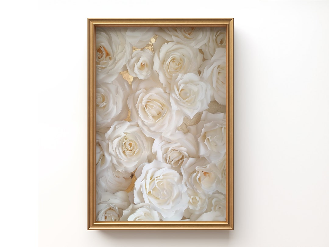 White Roses Print | Floral Decor | Rose Photography | White and Gold ...
