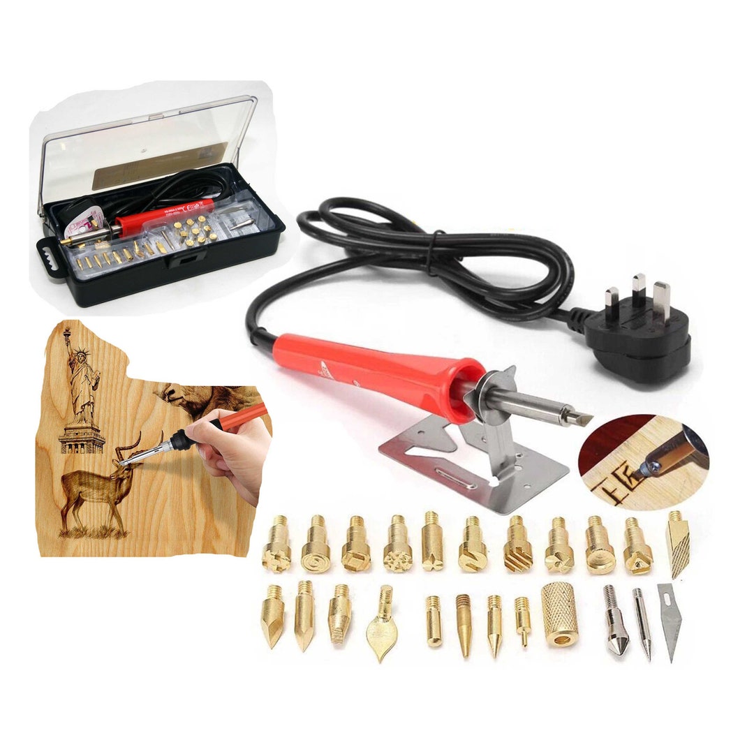 25 Piece Set 240V 30W Pyrography Wood Burning Pen Patterns Brass Tips ...