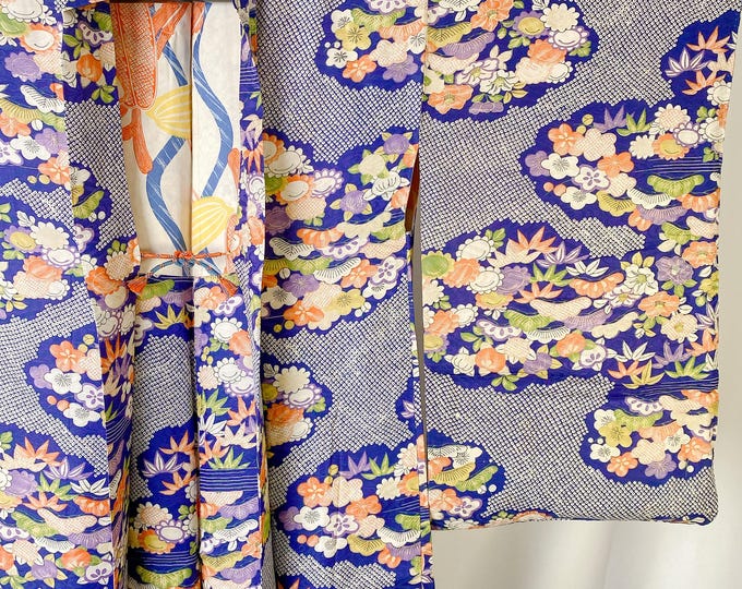Blue Antique Haori, Floral, Japanese Kimono, Excellent, Cardigan, Women ...