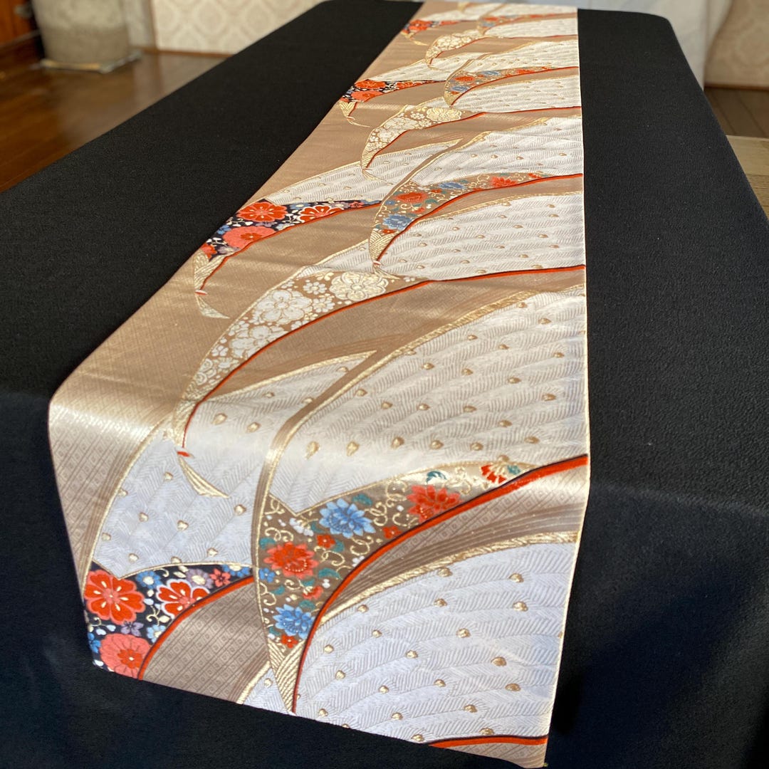 Vintage Japanese Silk Obi Table Runner: Gold Ivory Floral Wall Hanging ...