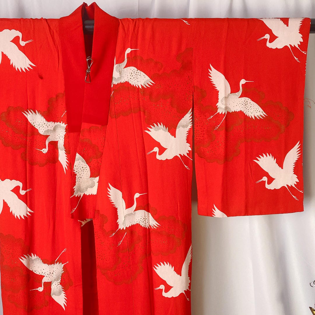 Red Juban, Japanese Kimono, Crane Pattern, Tsuru, Traditional, Classic ...