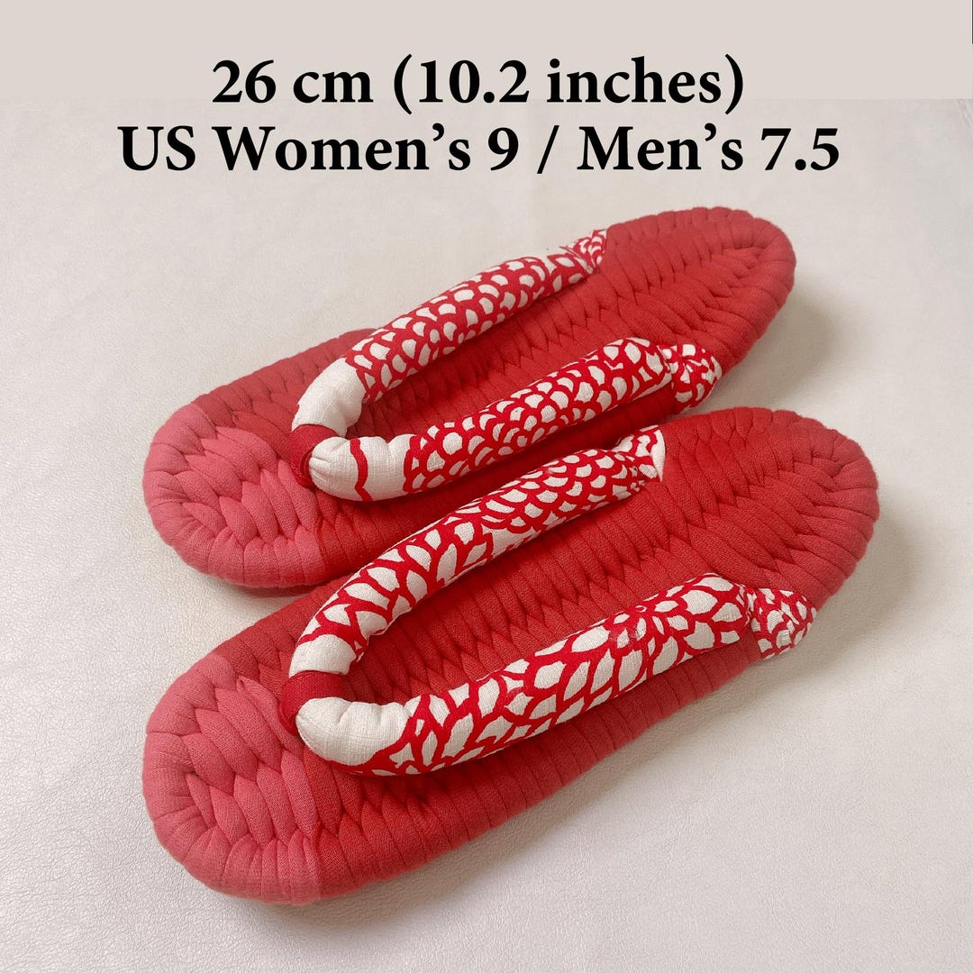 Japanese Zori Slippers: Red Chrysanthemum Straps, Cotton Knit - US 9 ...