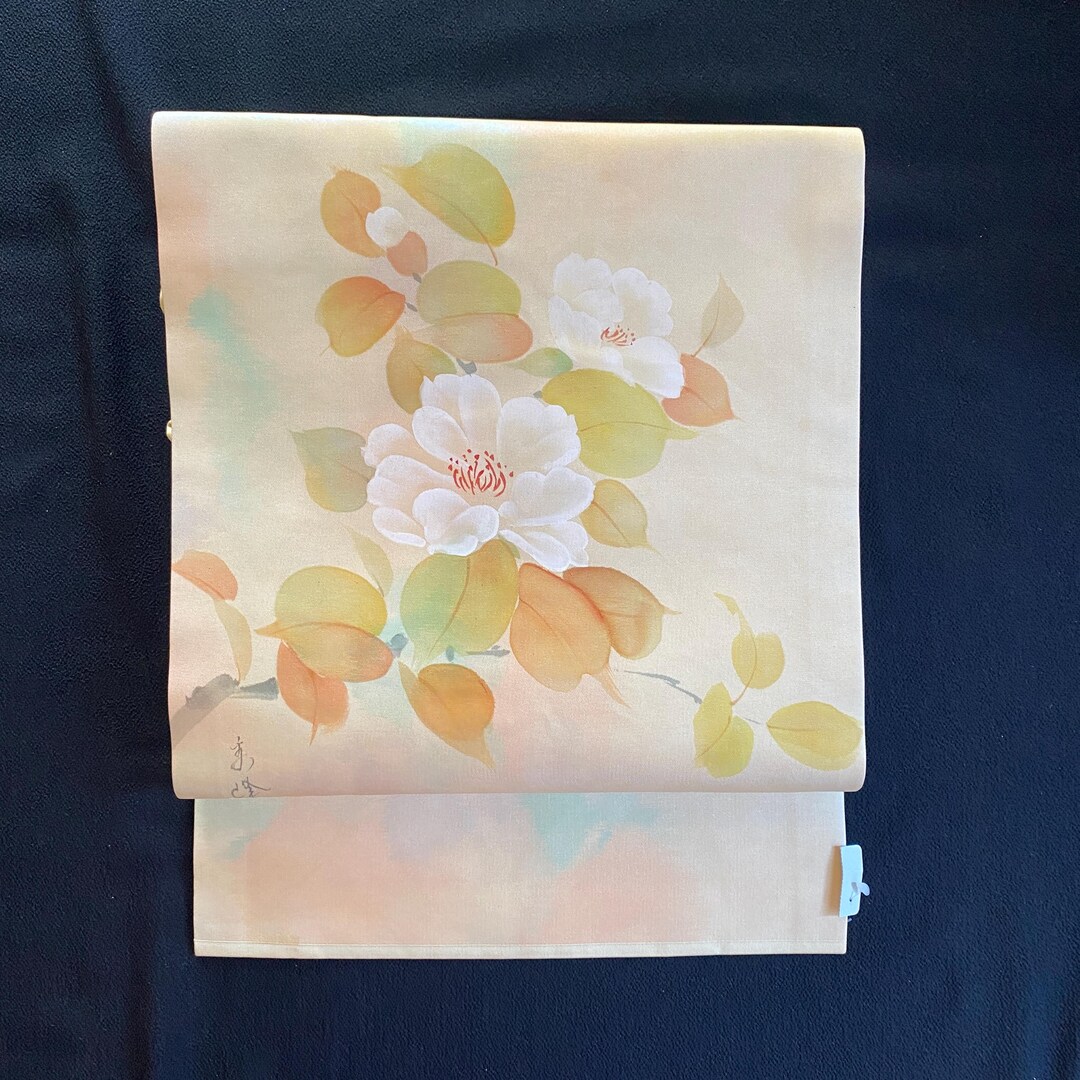 Nagoya-obi, Beiged, White Camellia, Flower, Kitsuke, Japanese Vintage ...