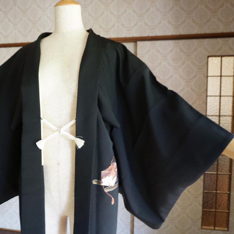 Japanese Vintage Kimono Haori | Black Silk Jacket | Elegant Eba Design ...