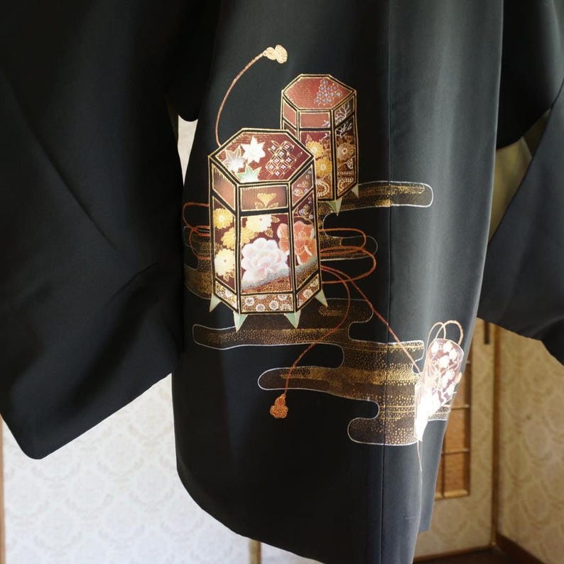 Japanese Vintage Kimono Haori | Black Silk Jacket | Elegant Eba Design ...