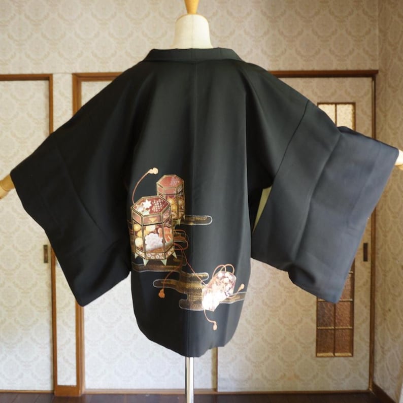 Japanese Vintage Kimono Haori | Black Silk Jacket | Elegant Eba Design ...