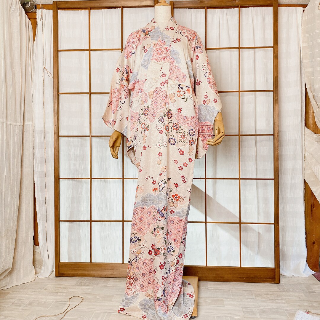 Japanese Vintage Kimono, Hitoe-single Layer, Size M, White Floral Print ...