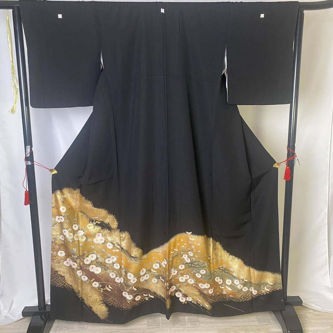 Vintage Black Silk Tomesode Kimono: Gold Pine & Chrysanthemum, Formal ...