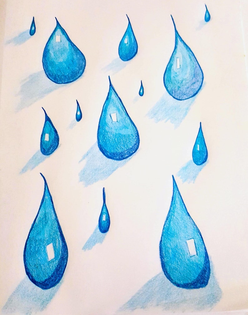 Blue Water Drops Art: Original Oil Pencil Drawing (12x9 Unframed ...