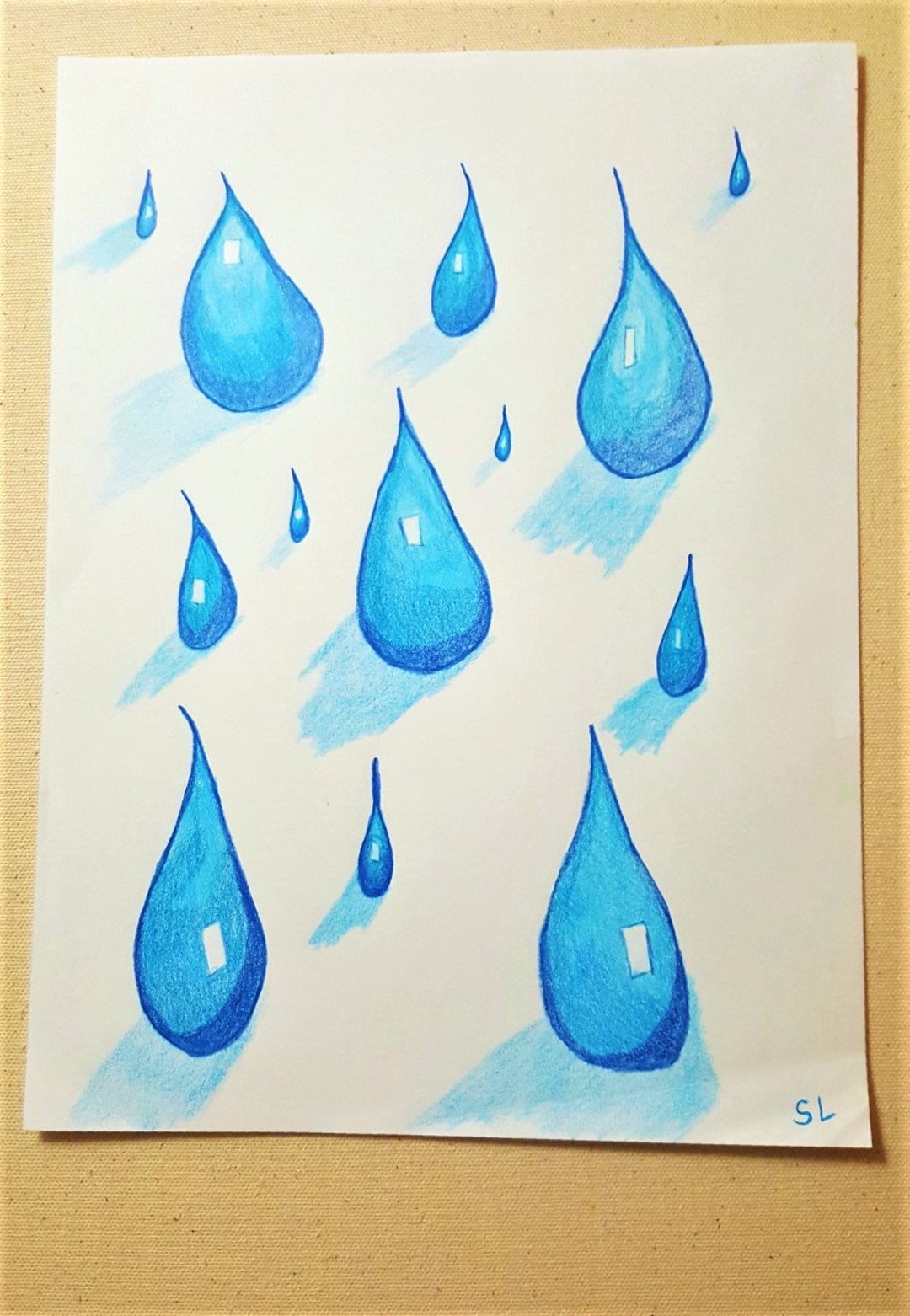 Blue Water Drops Art: Original Oil Pencil Drawing (12x9 Unframed ...