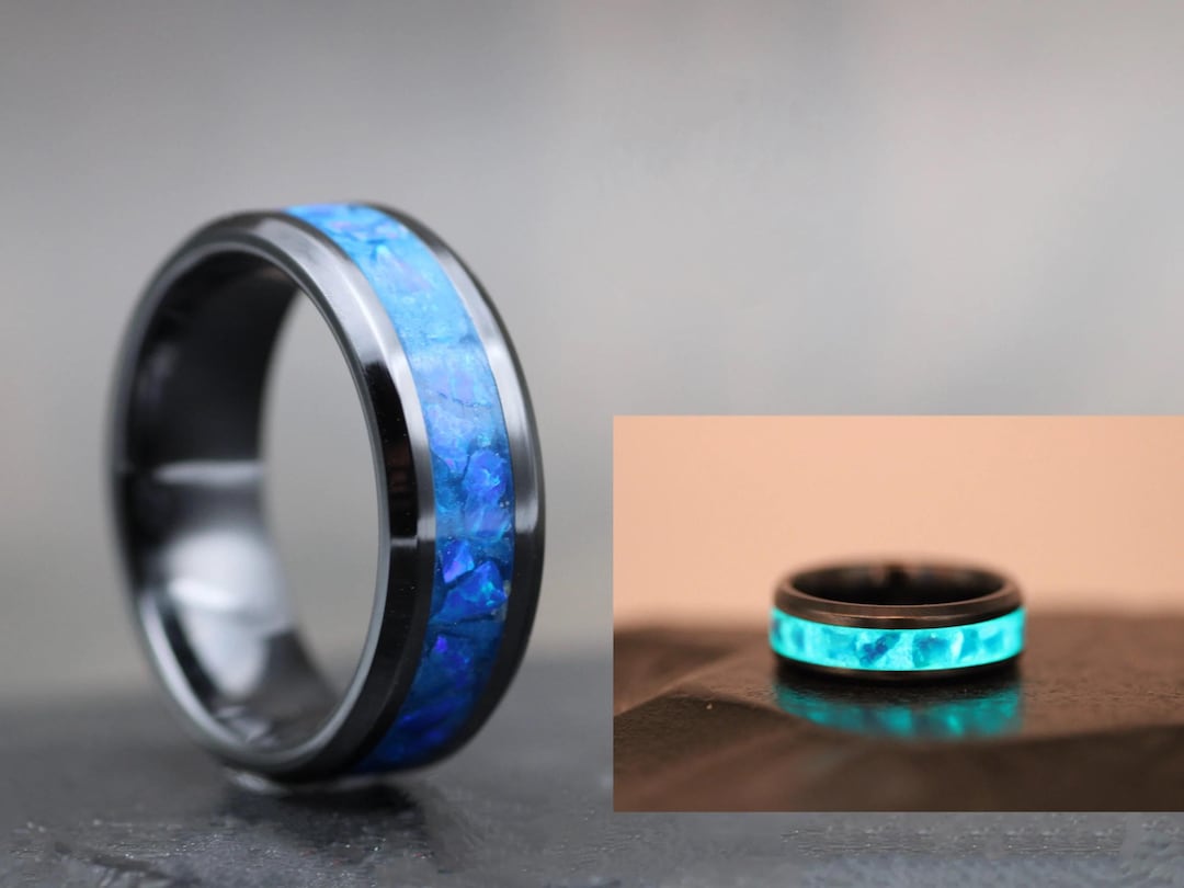 Blue Opal Glow Stone Ring – Handmade Black Ceramic Inlay Luminous ...