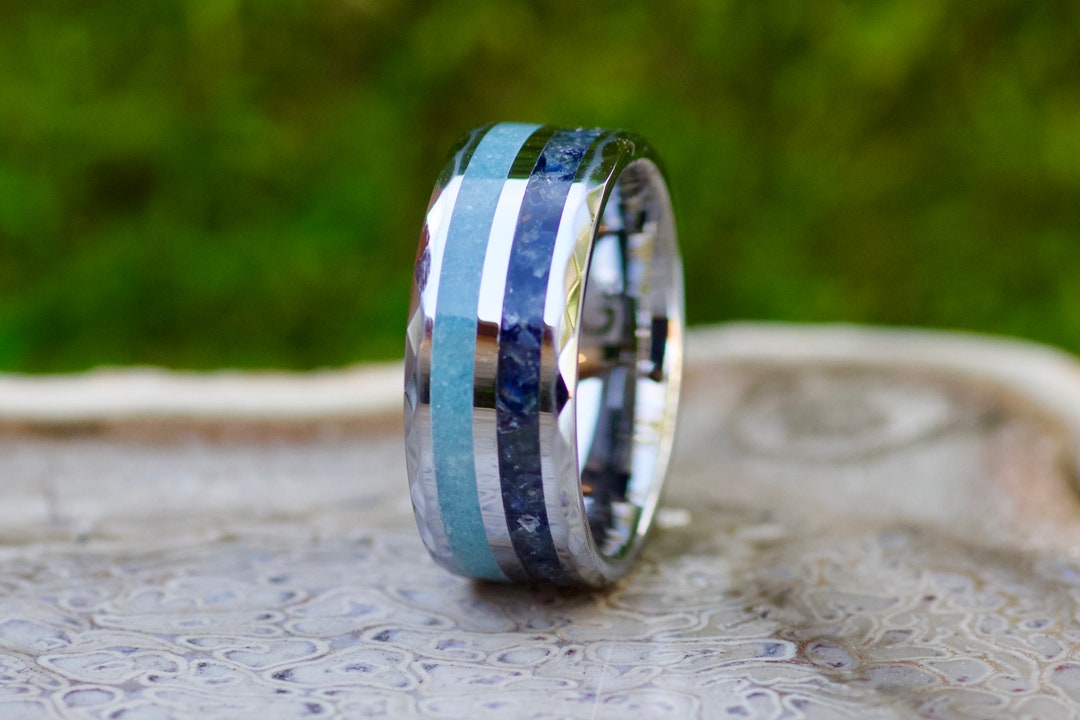 Aquamarine Sapphire Tungsten Ring • Silver Inlay Wedding Band - Etsy