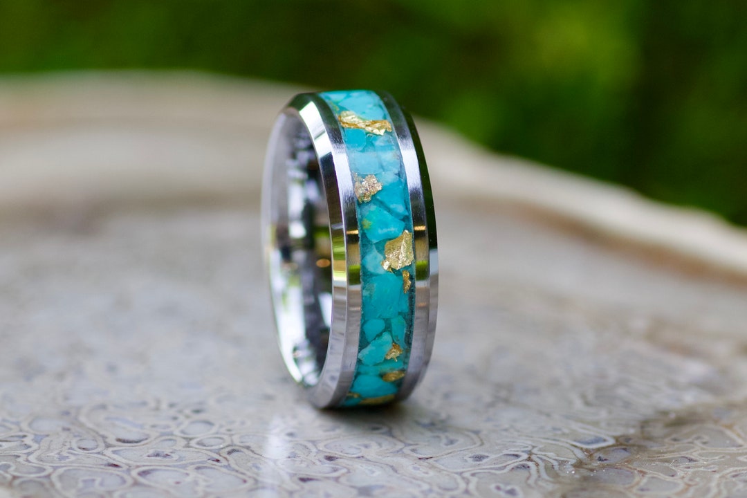 Handmade Bisbee Turquoise & 24K Gold Tungsten Ring - Unisex Men's or ...