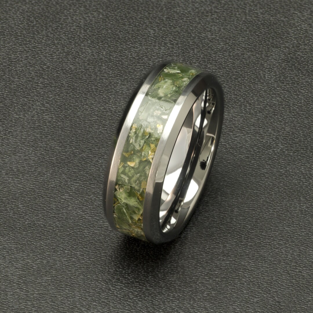 Handmade Tungsten Ring • Jade & Gold German Glass Inlay - Etsy