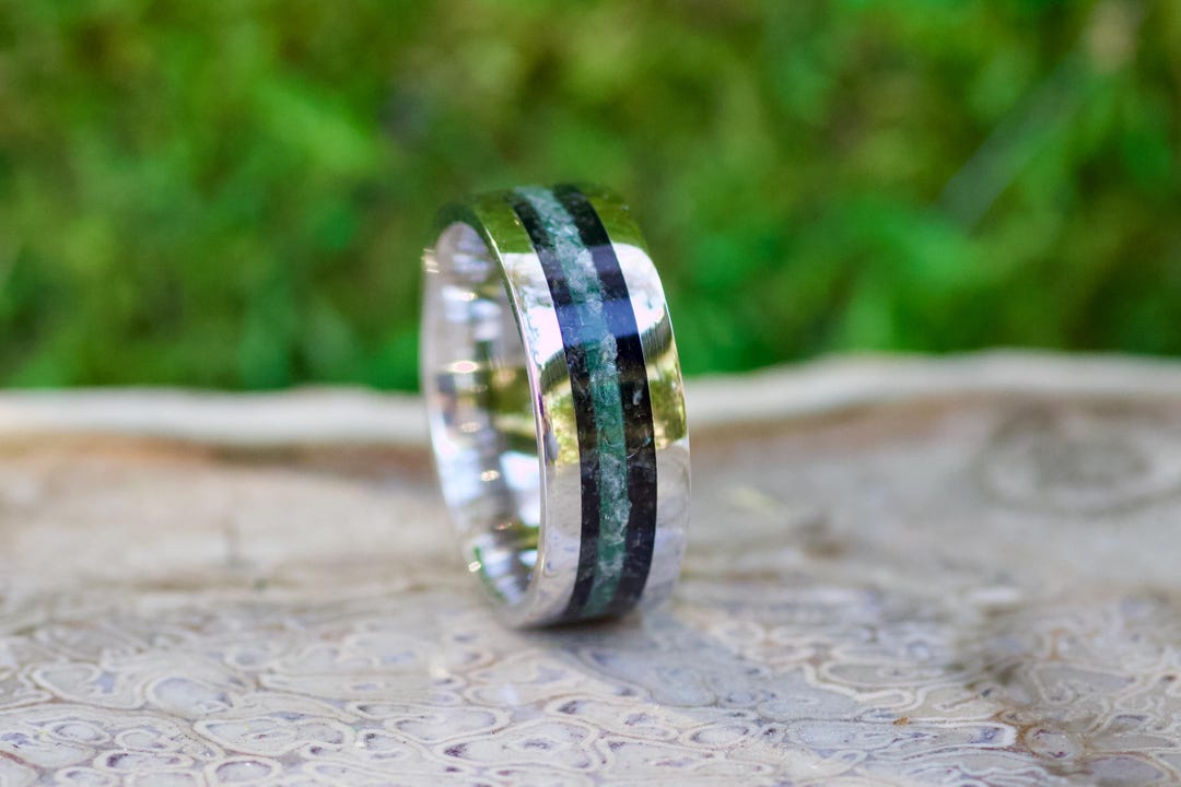 Green Sapphire and Obsidian Wedding Ring, Engagement Ring, Mens Ring ...